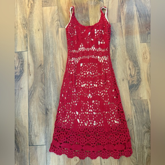 Moda International | Dresses | Moda International Red Crochet Midi ...